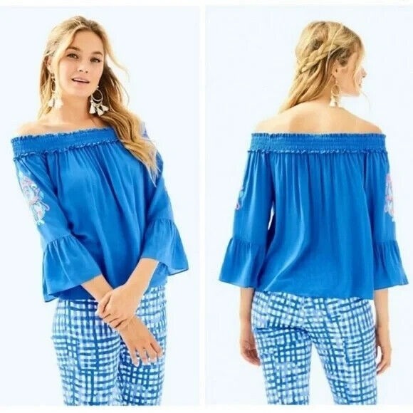 Lilly Pulitzer | Tops | Lilly Pulitzer Royal Blue Moira Off Shoulder Bell Sleeved Embroidered ...